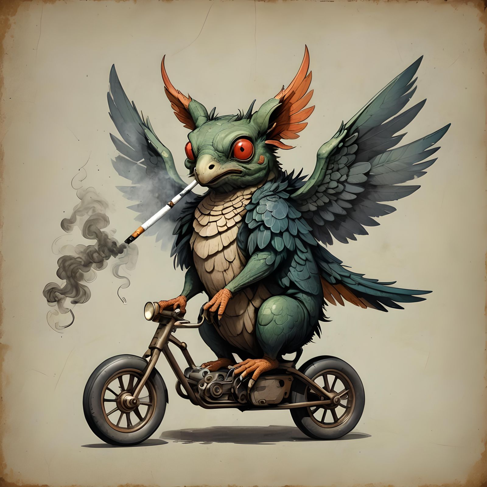 winged critter on wheels smoking a cigarette - AI Generated Artwork ...