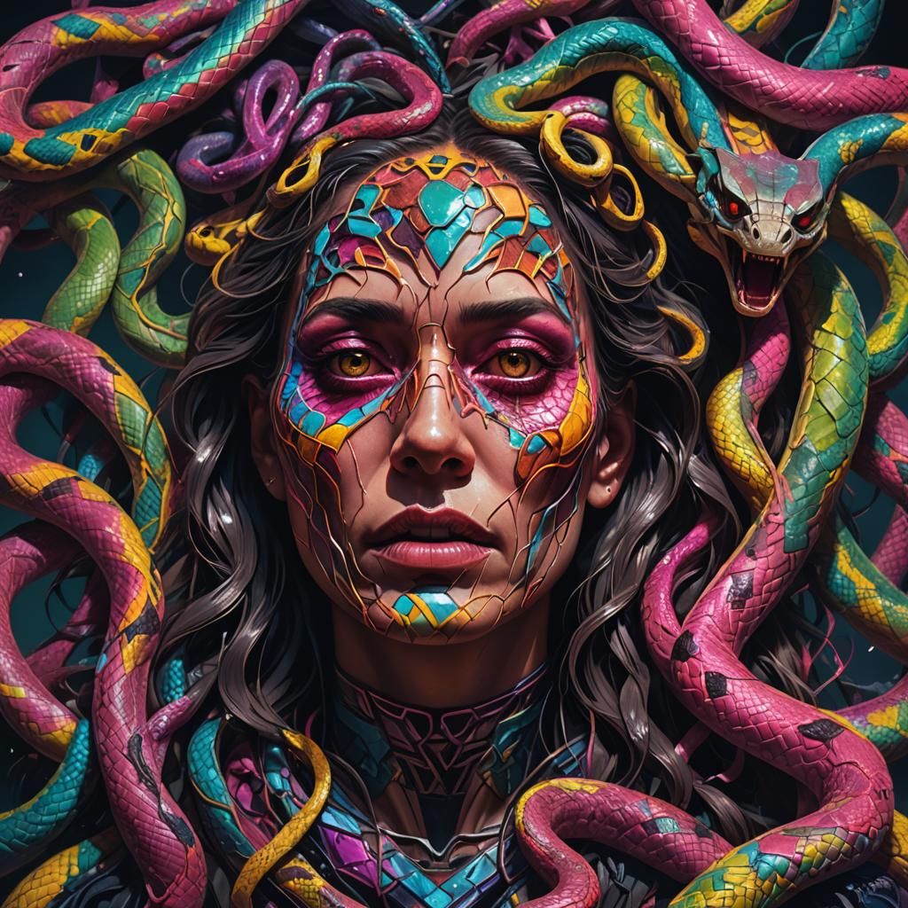 a triangle of snakes that eat a cadaver Hyperrealistic, concept art ...