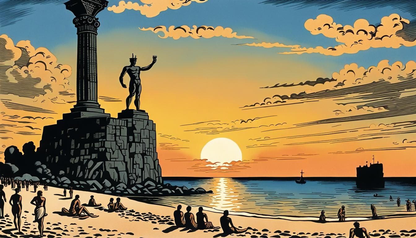 Ancient Greece, The statue of the Colossus of Rhodes on the beach of ...