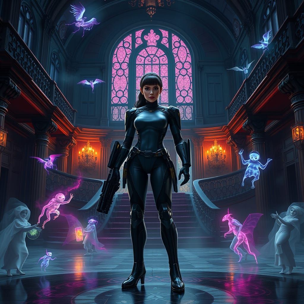 Intergalactic Warrior in Haunting Mansion with Qui... - AI Art