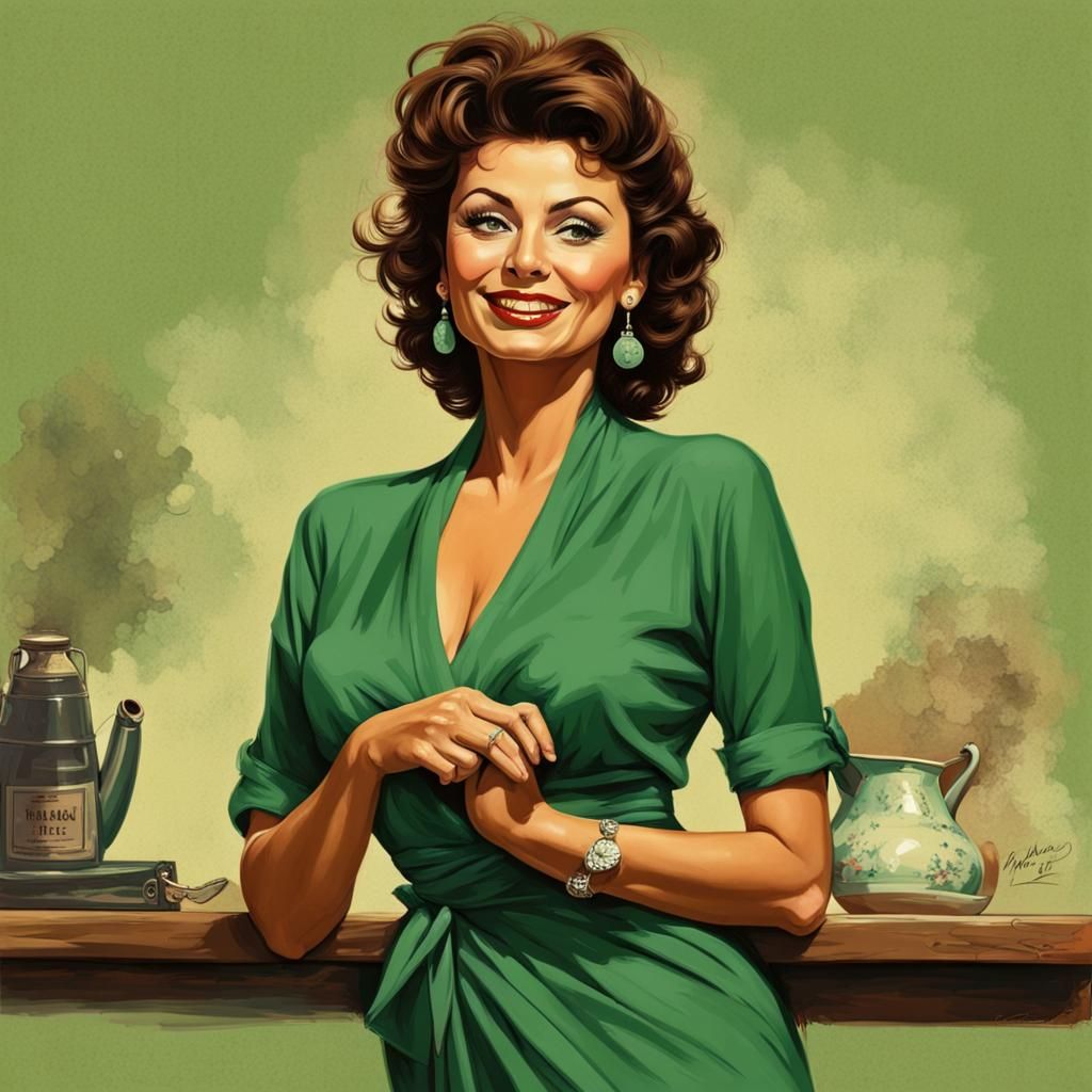 Pinup of smiling Sophia Loren in green wrap dress - AI Generated Artwork - NightCafe Creator