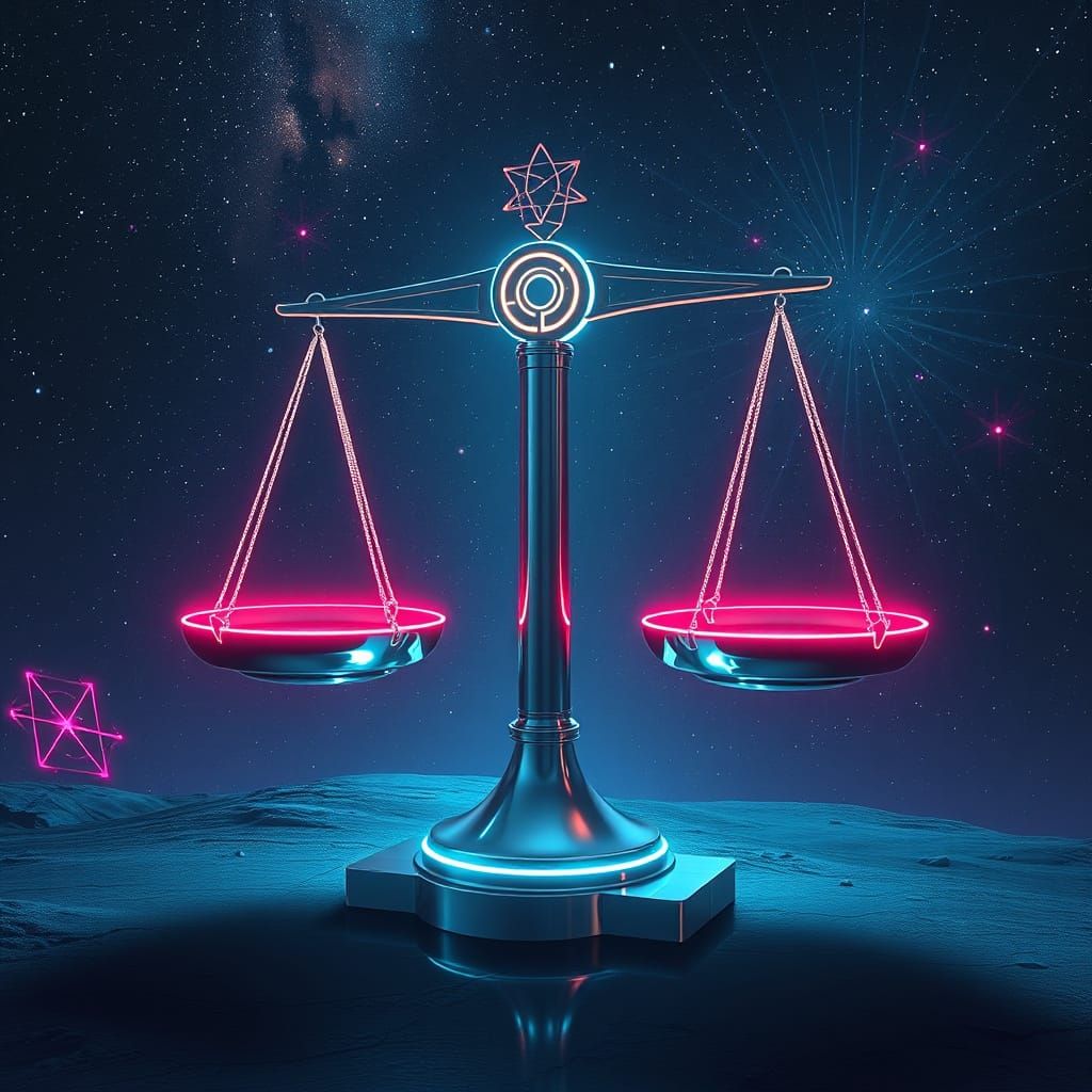 Galactic Balance: Futuristic Cosmic Scale in Neon ... - AI Art