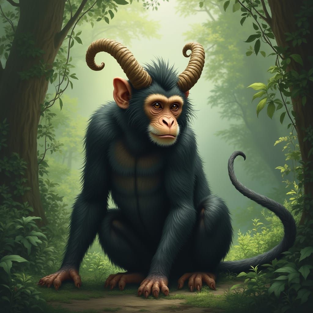Horned Monkey - Mythical Forest Dweller with Unicorn Horns
