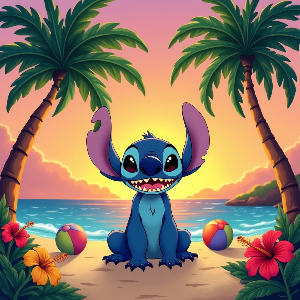 stitch - Mischievous Blue Alien on Tropical Beach at Sunset