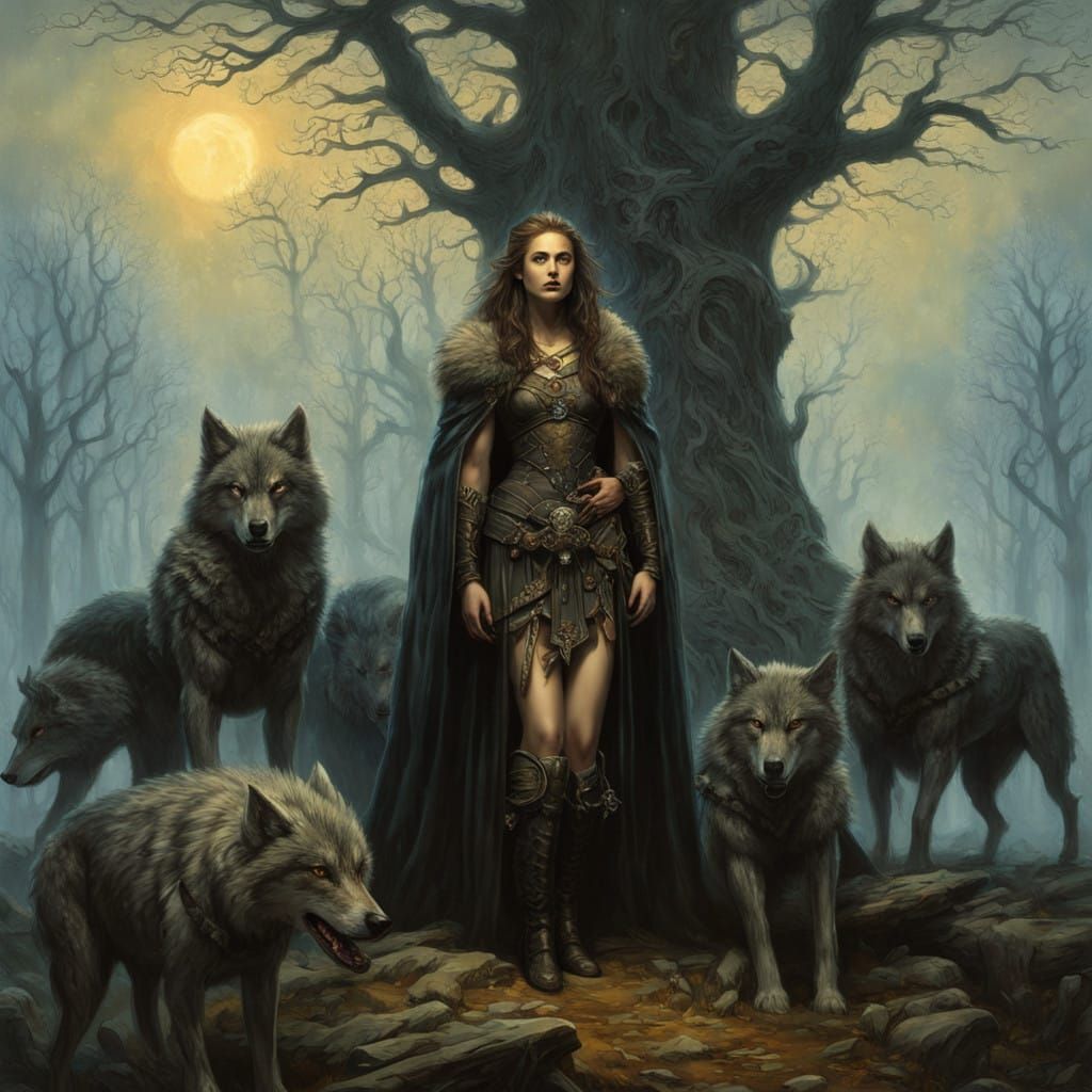Pagan princess warrior with her direwolf pack