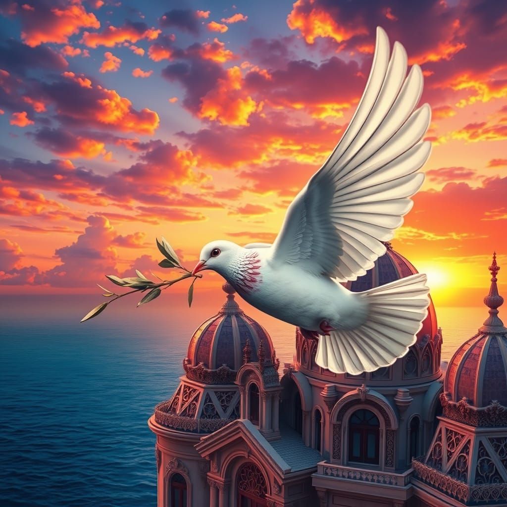 Ethereal Dove soars through Sunset Sky amidst Art ... - AI Art