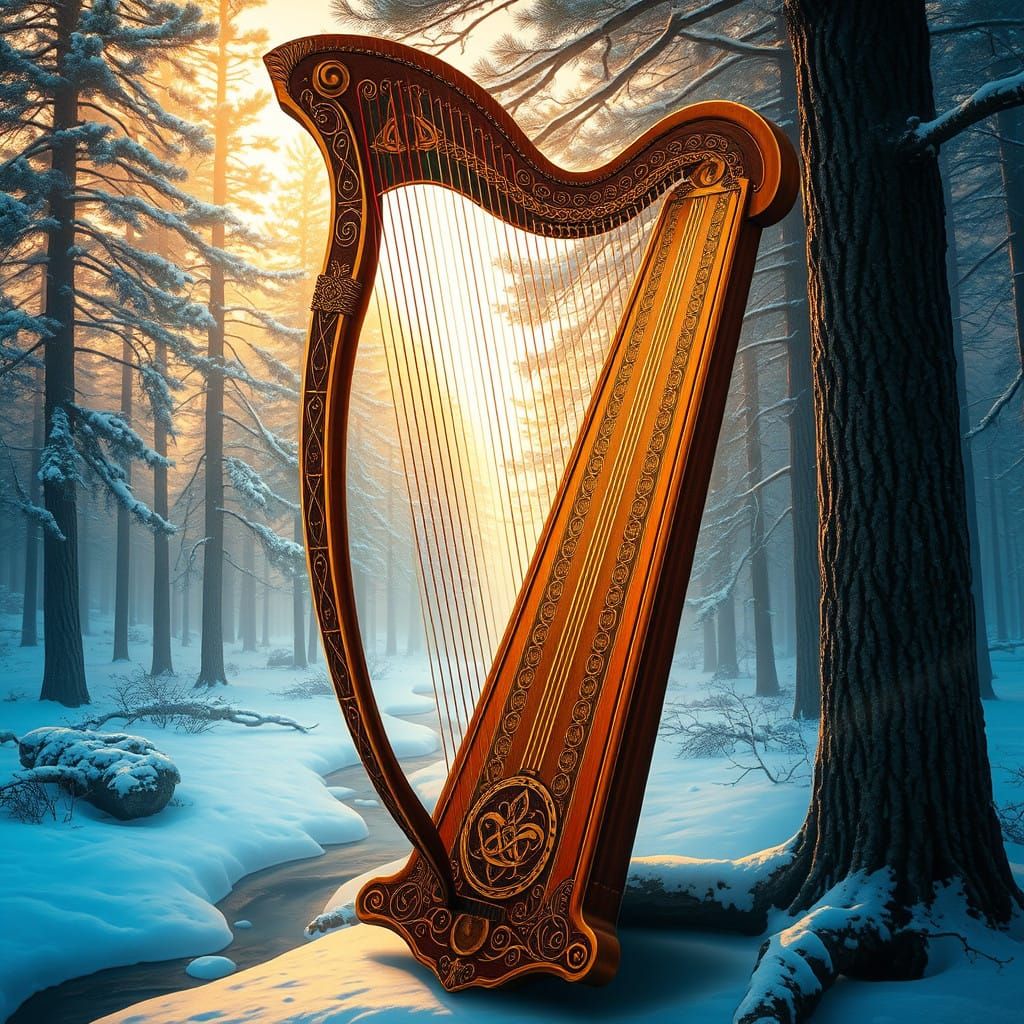 Ancient Irish Harp amidst Winter Pine Forest - AI Art