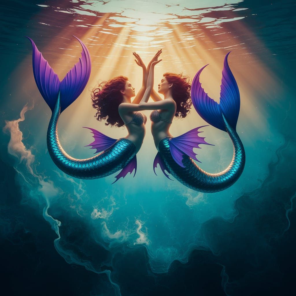 Mermaids in a Vibrant, Ethereal Ocean Dance - AI Art