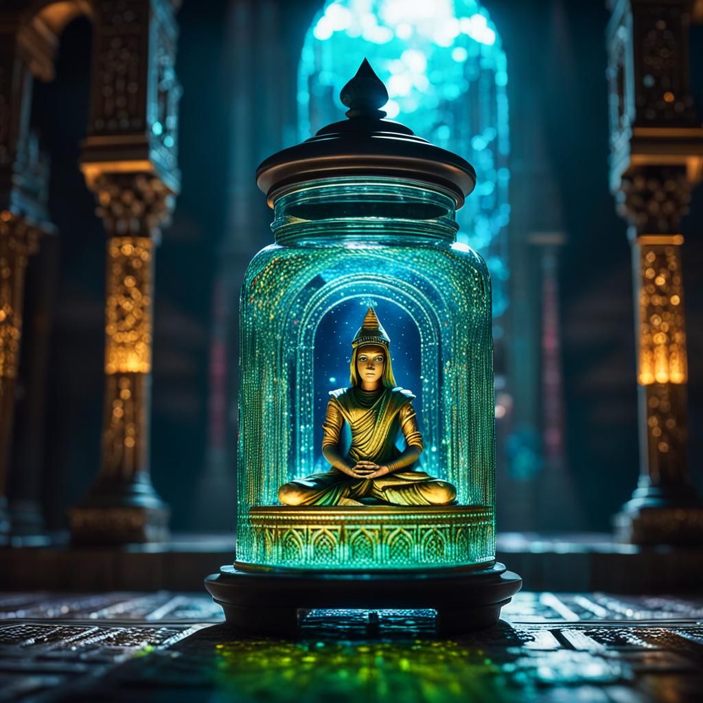 A buddhist statue inside a luminiscent jar inside a mysterious temple ...