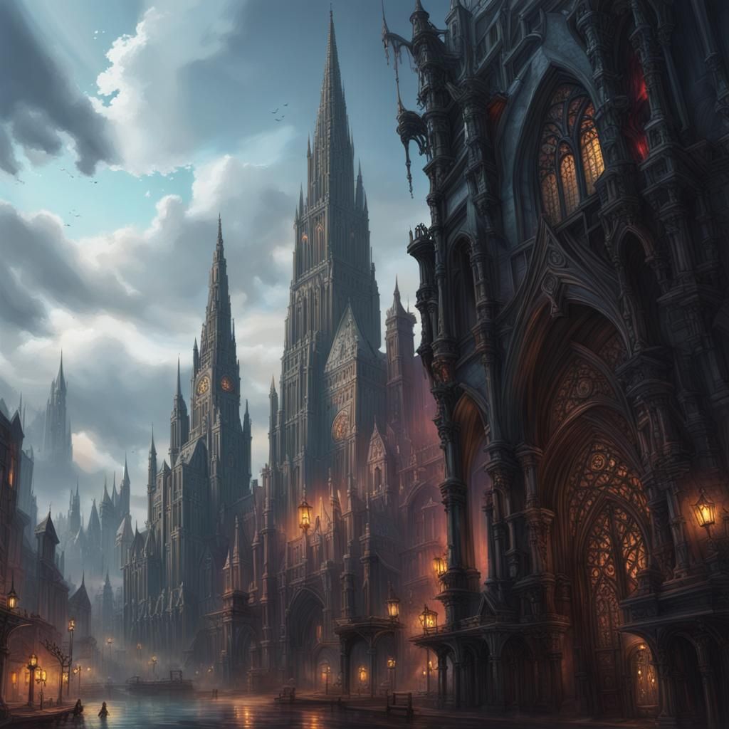 "Gothic Fantasy City" Hyperrealistic, splash art, concept art, mid shot ...