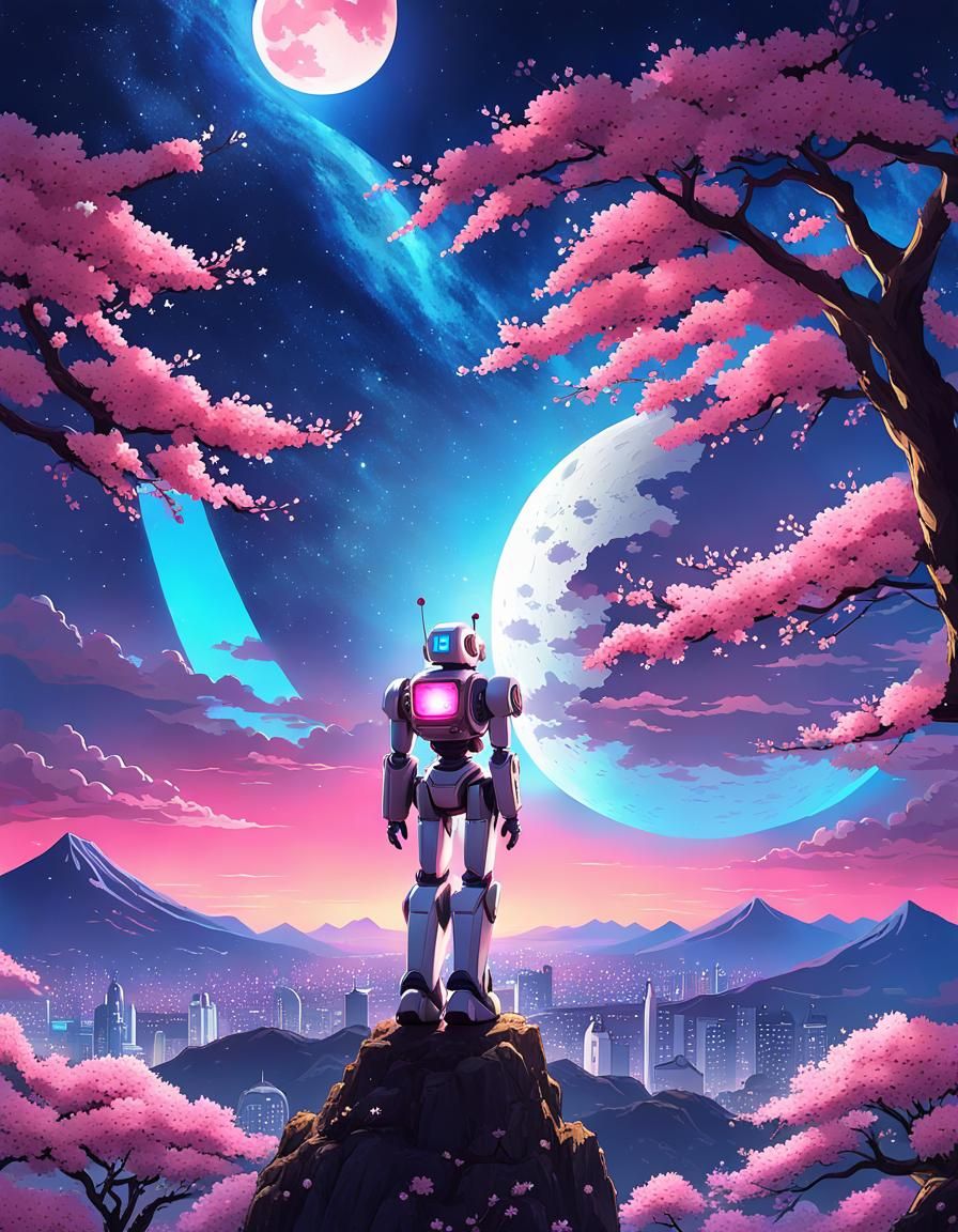(cute anime art of a cute Robot Girl, Robot in pink tones with cherry ...
