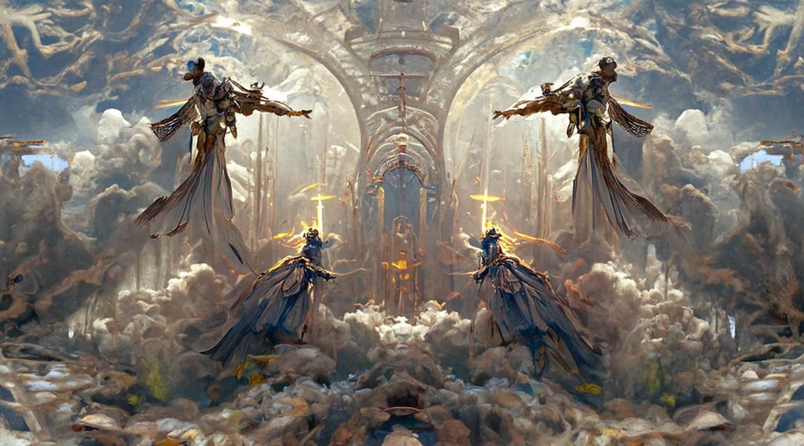 Holy Angel Warrior, Glorious white-robed figure, wearing gold detailed armor, floating in the ...