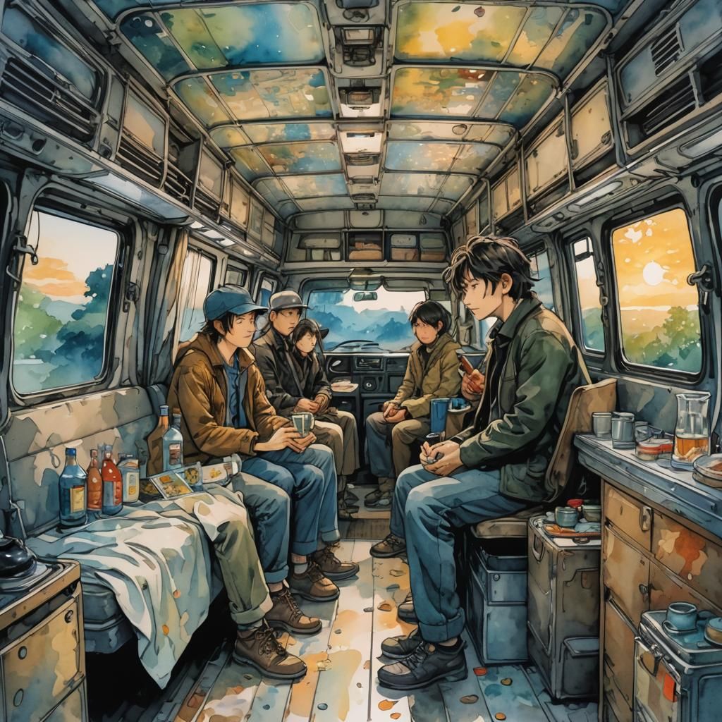 trip in a van on the road watercolors hyperdetailed 8k light at dawn ...