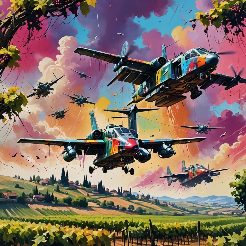 sci fiction gunships flying over Italian vineyard fields - AI Generated ...