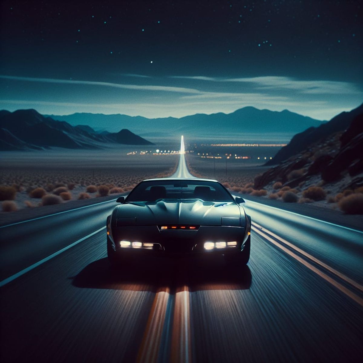 The Knight RIder car KITT driving at night on a road in the Nevada ...