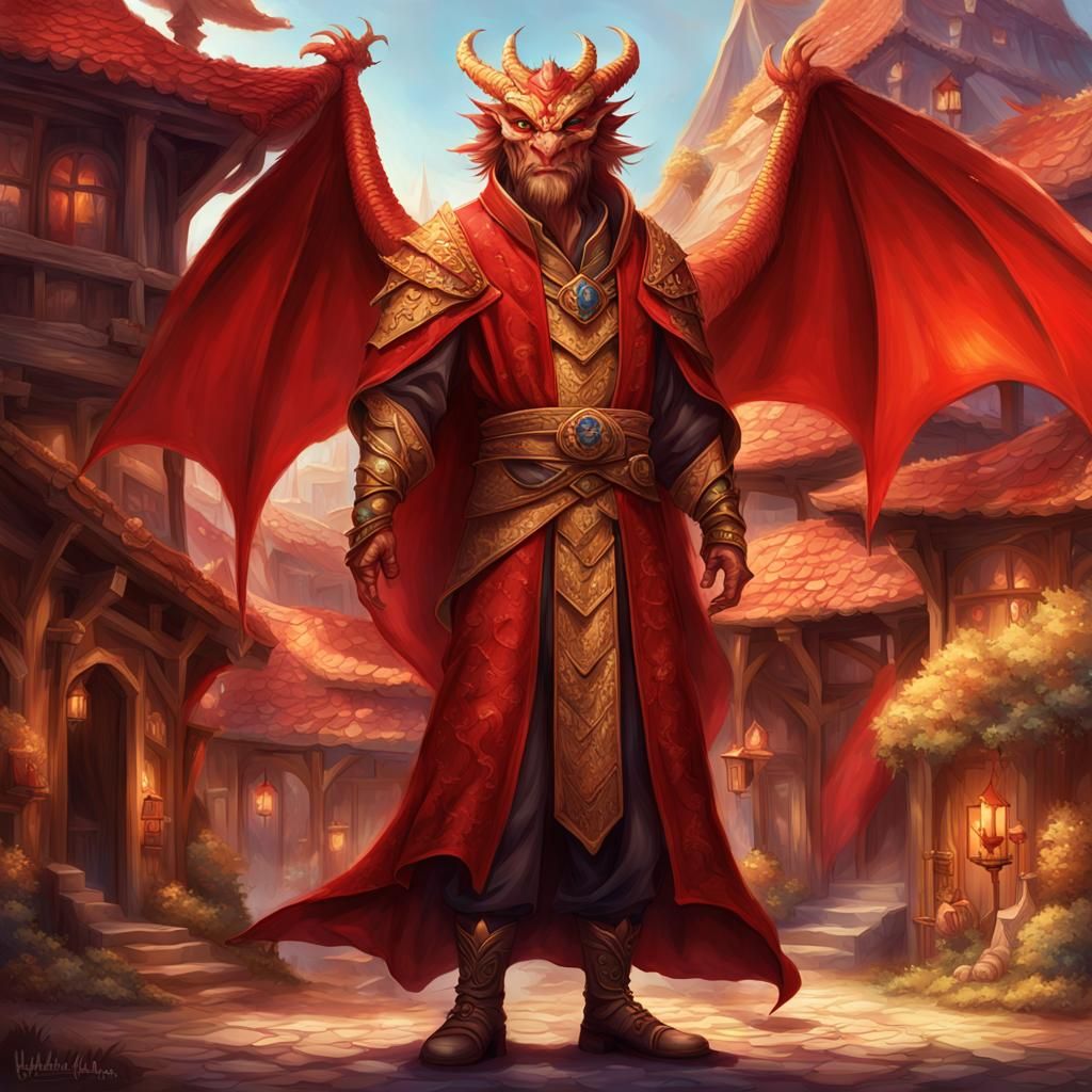 Full body portrait of a half-man, half-dragon sorcerer with red scales ...