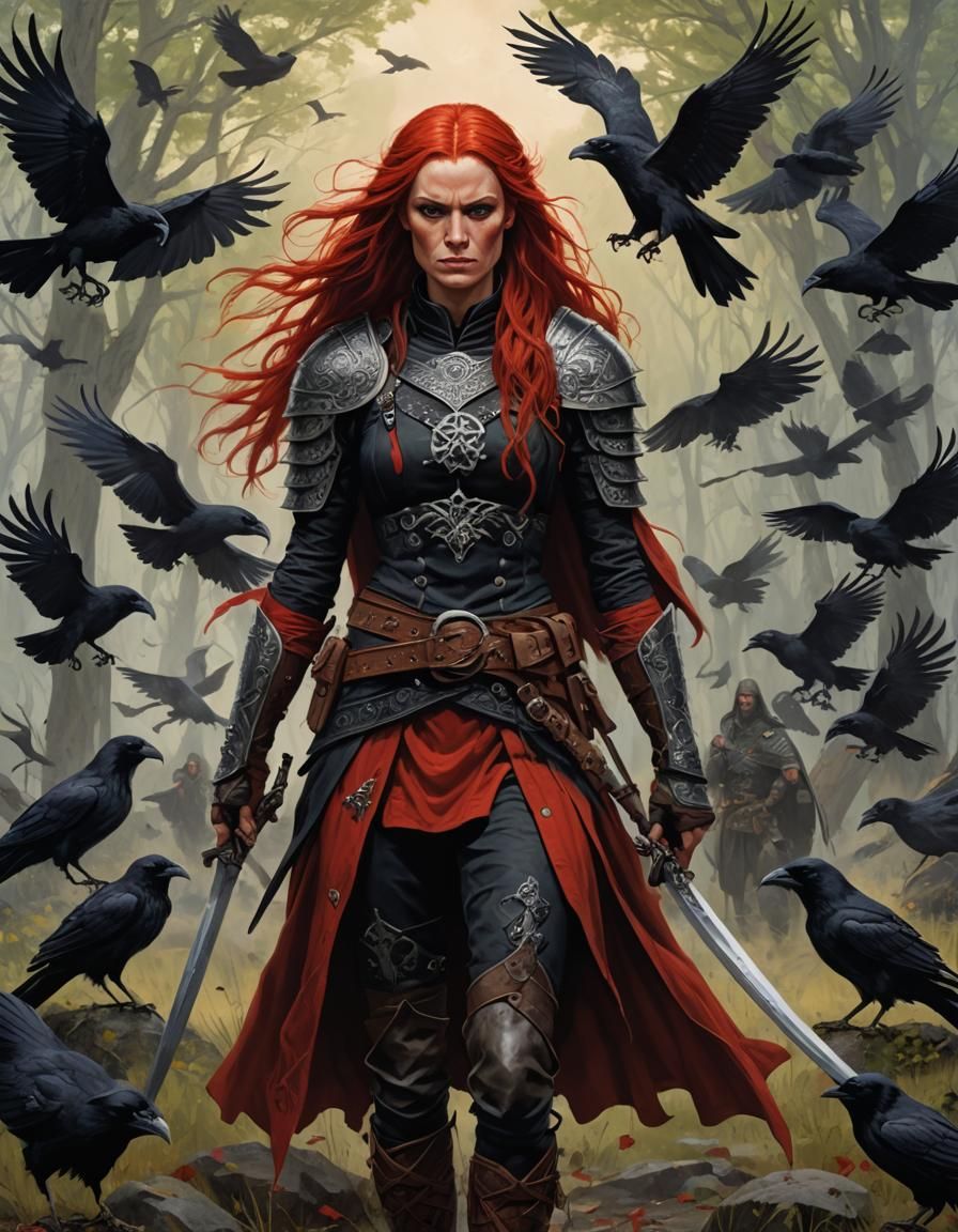 female celtic warrior red hair red clothes with ravens celtic war folk ...
