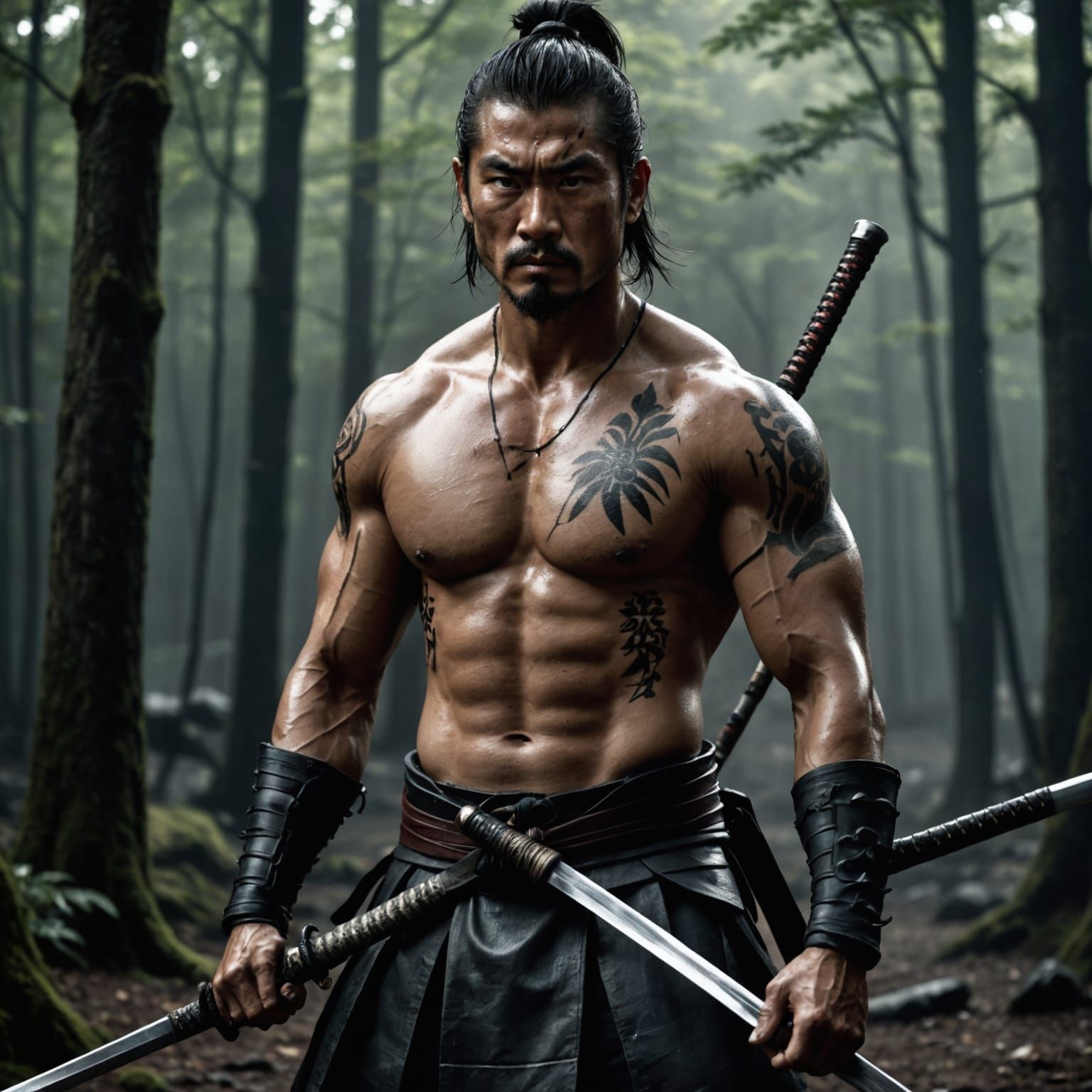 Epic Warrior in Dark Forest, Samurai Style - AI Art