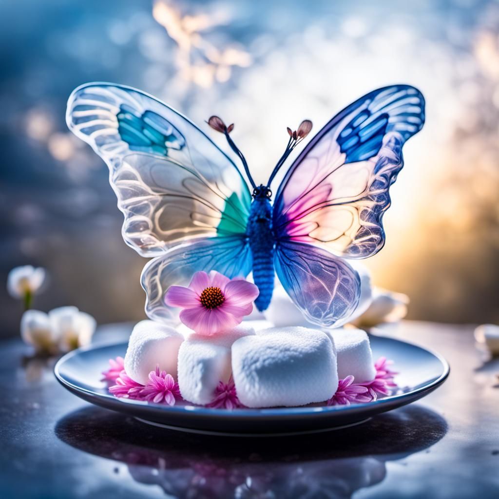 Butterfly jelly served atop a bed of marshmallows, decorated with an ...