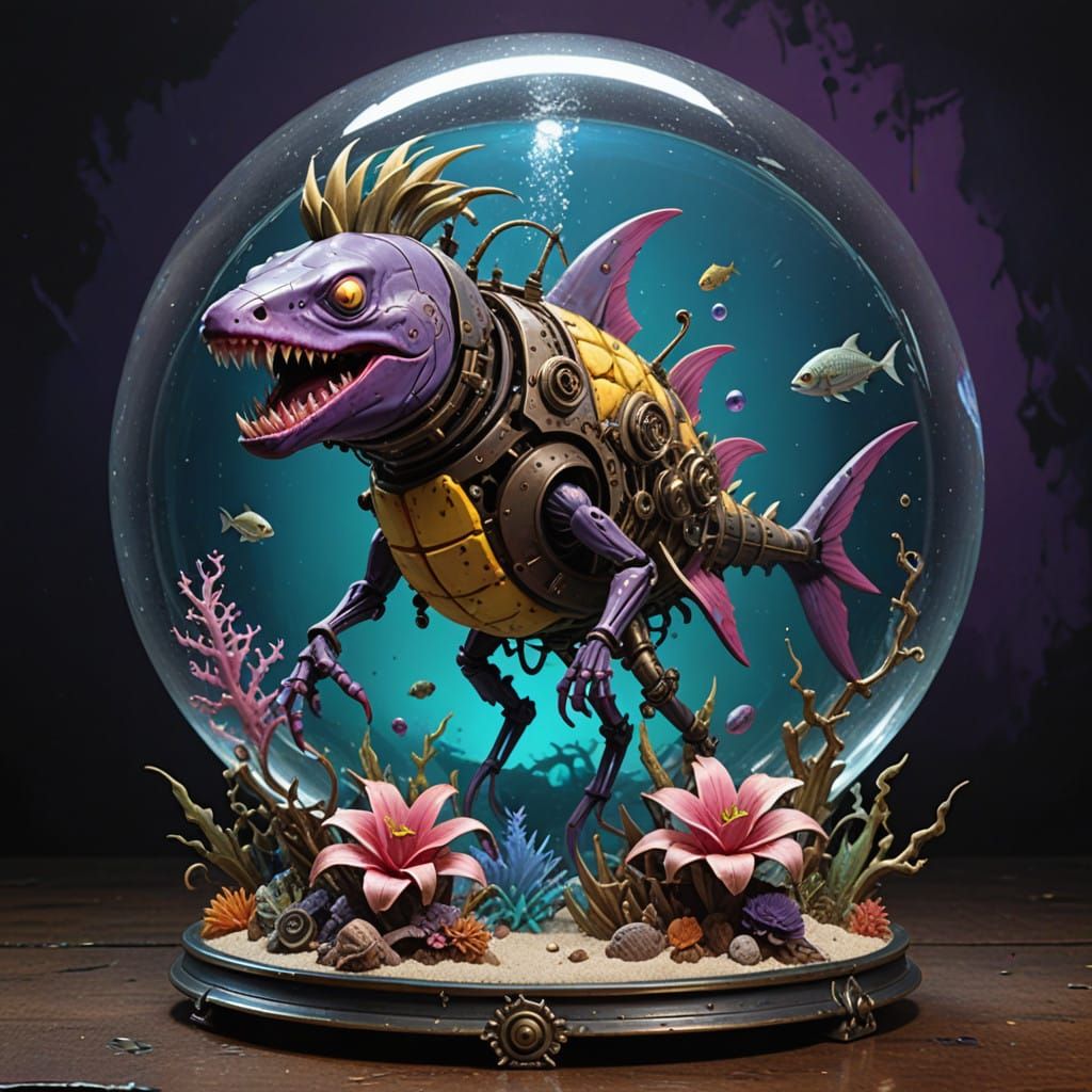 Steampunk Pineapple Creature Rides Hammerhead Shar... - AI Art