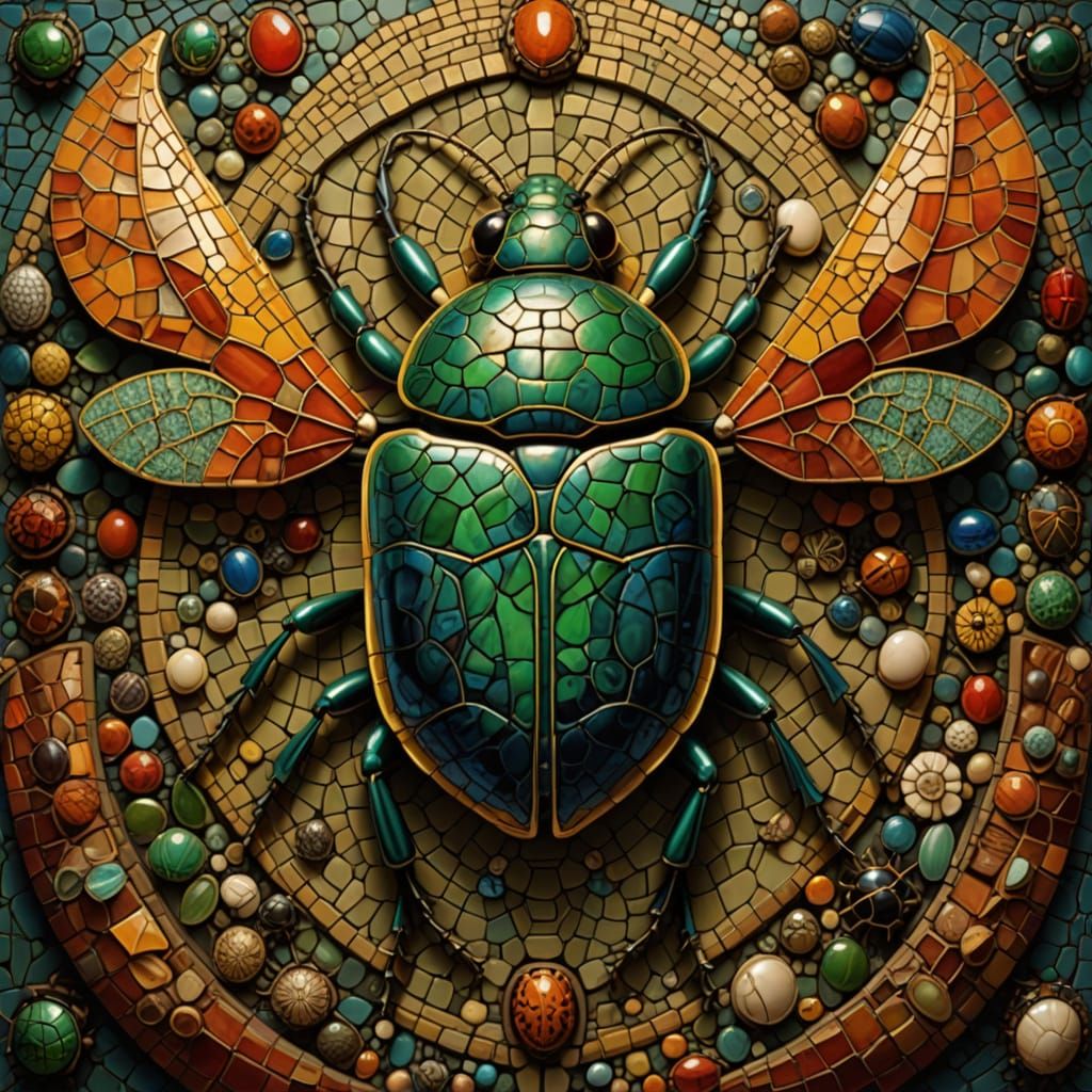 Alien Hyperrealist Mosaic Masterpiece with Scarabs... - AI Art