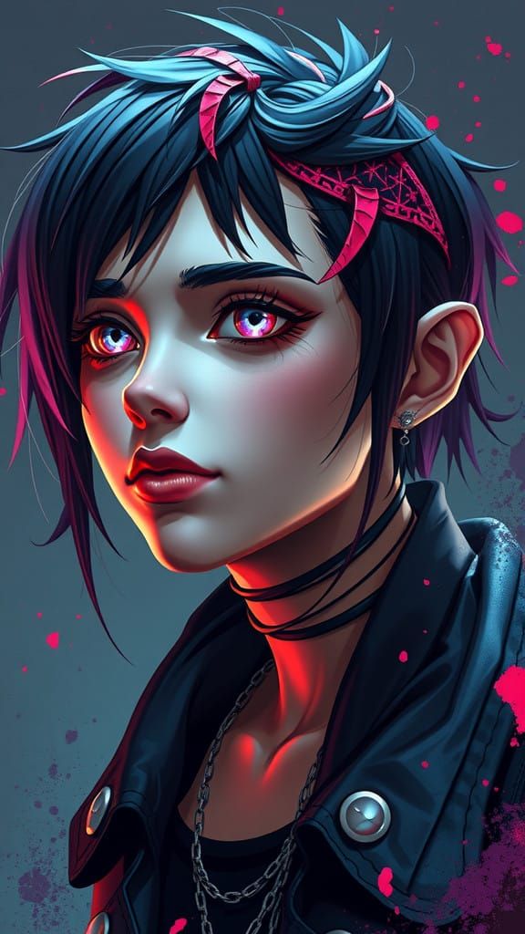 Ethereal Goth Portrait in Vibrant Triadic Colors - AI Art