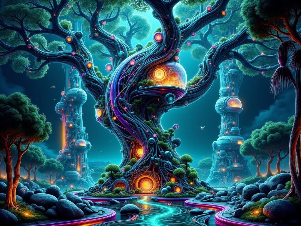 A translucent biological tree house set in a metallic biomechanical ...