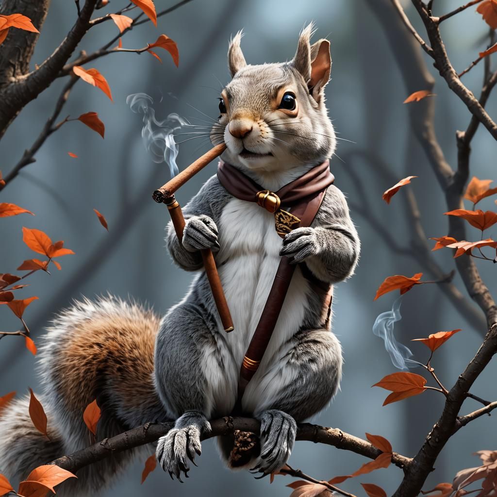 Old Grey Squirrel smoking a cigar laying back with leg in the air - AI ...