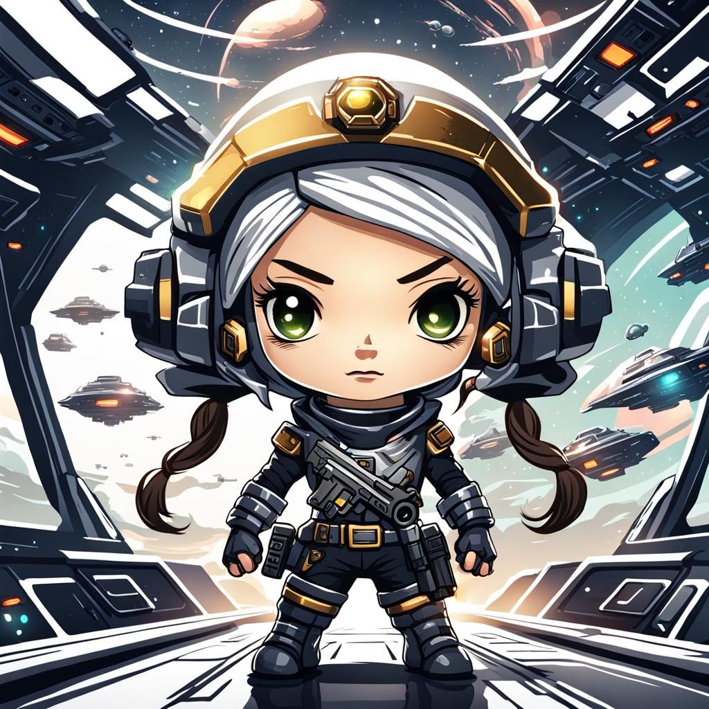 a Chibi style (space pirate woman 1:1) on the bridge of their ...