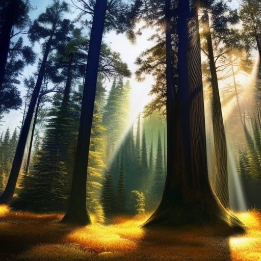 deep in a wood forest, pine trees, dead logs, sunshine rays, mysterious ...
