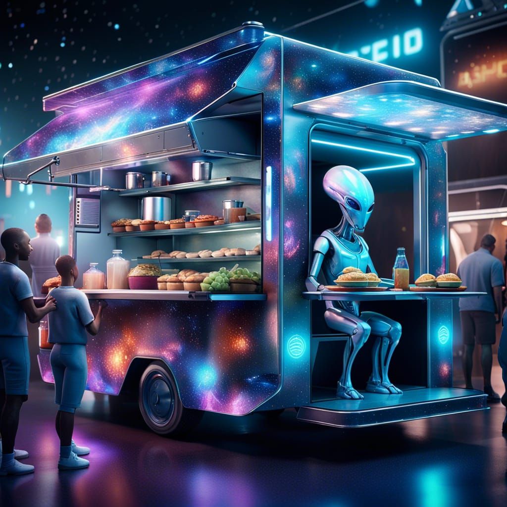 Hyperdetailed FUTURISTIC ALIEN LOOKING FOOD TRUCK IN ANOTHER GALAXY ...