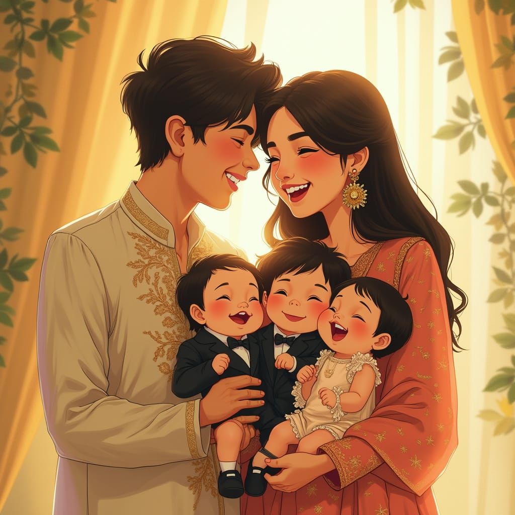 Delighted Pakistani Couple with Triplets in Whimsi... - AI Art