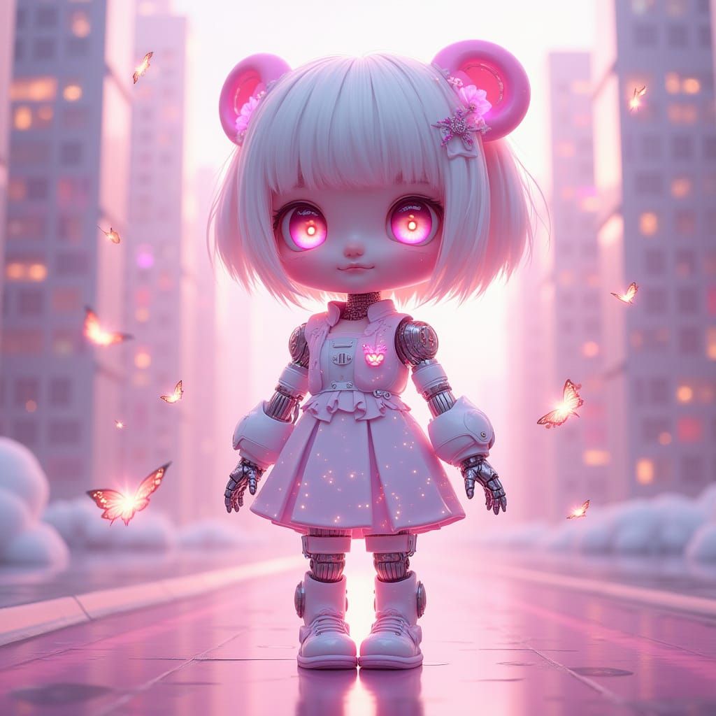Kawaii Android Girl in Pink Cyberspace, Digital Ar... - AI Art