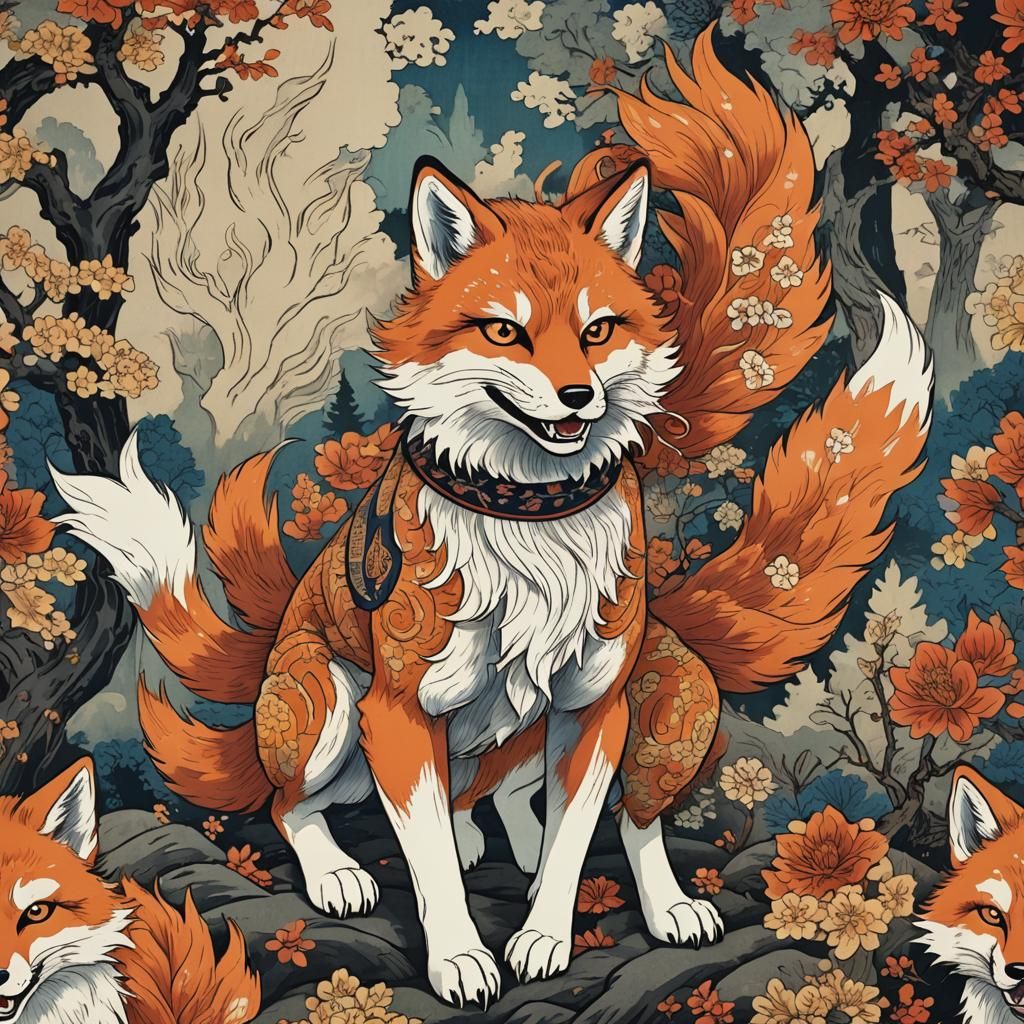 A playful Kitsune spirit with nine tails depicted in the style of ...
