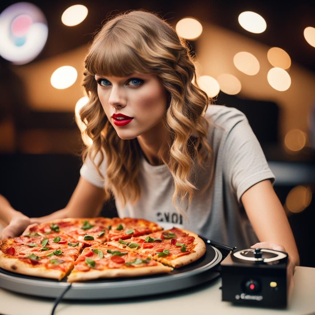Taylor Swift eating pizza and playing a vinyl record - AI Generated ...