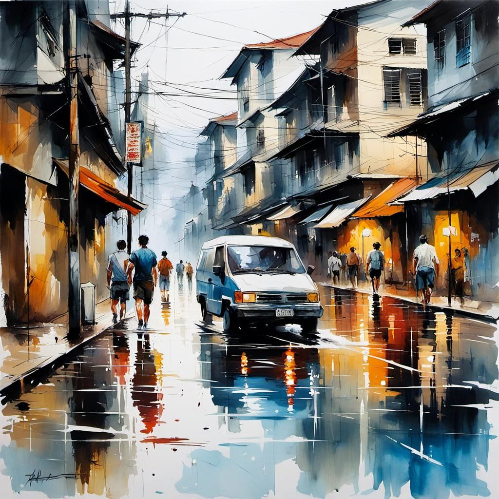 Painting of a flooded street during a heavy rain, in the Philippines ...