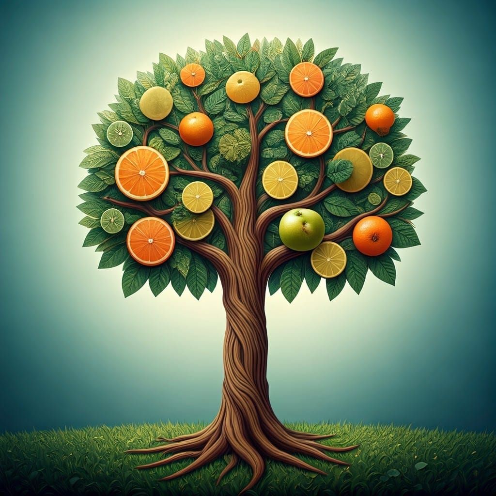 Stipple Fruit Tree in Cool Woodcut Aesthetic - AI Art