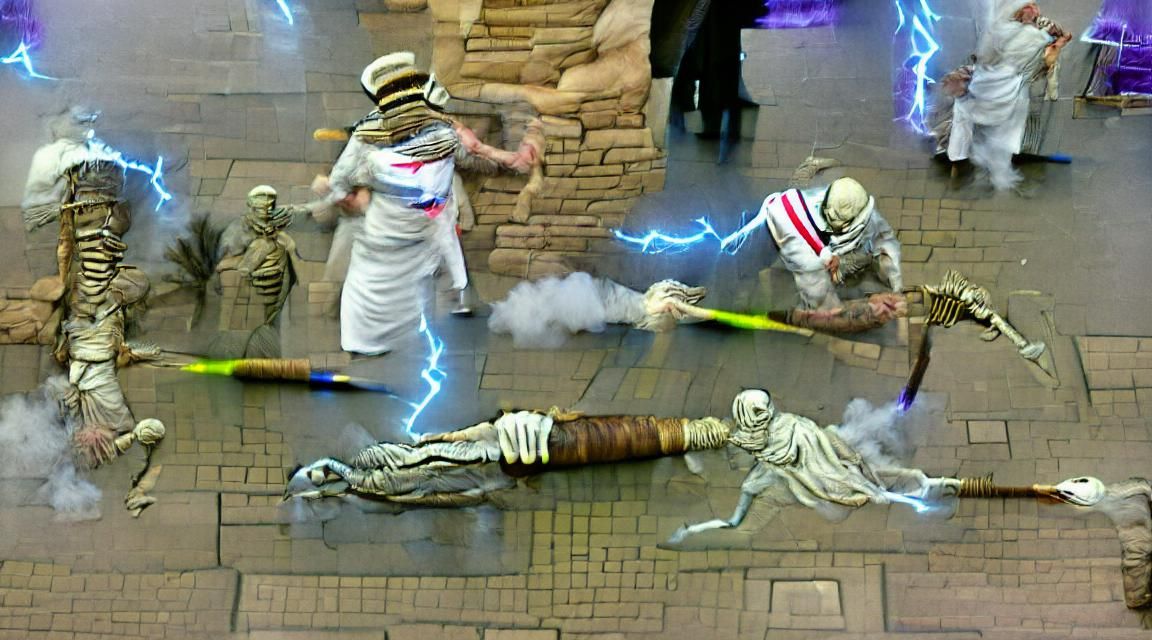 A mummy with a magic staff striking lightning to zombies - AI Generated ...