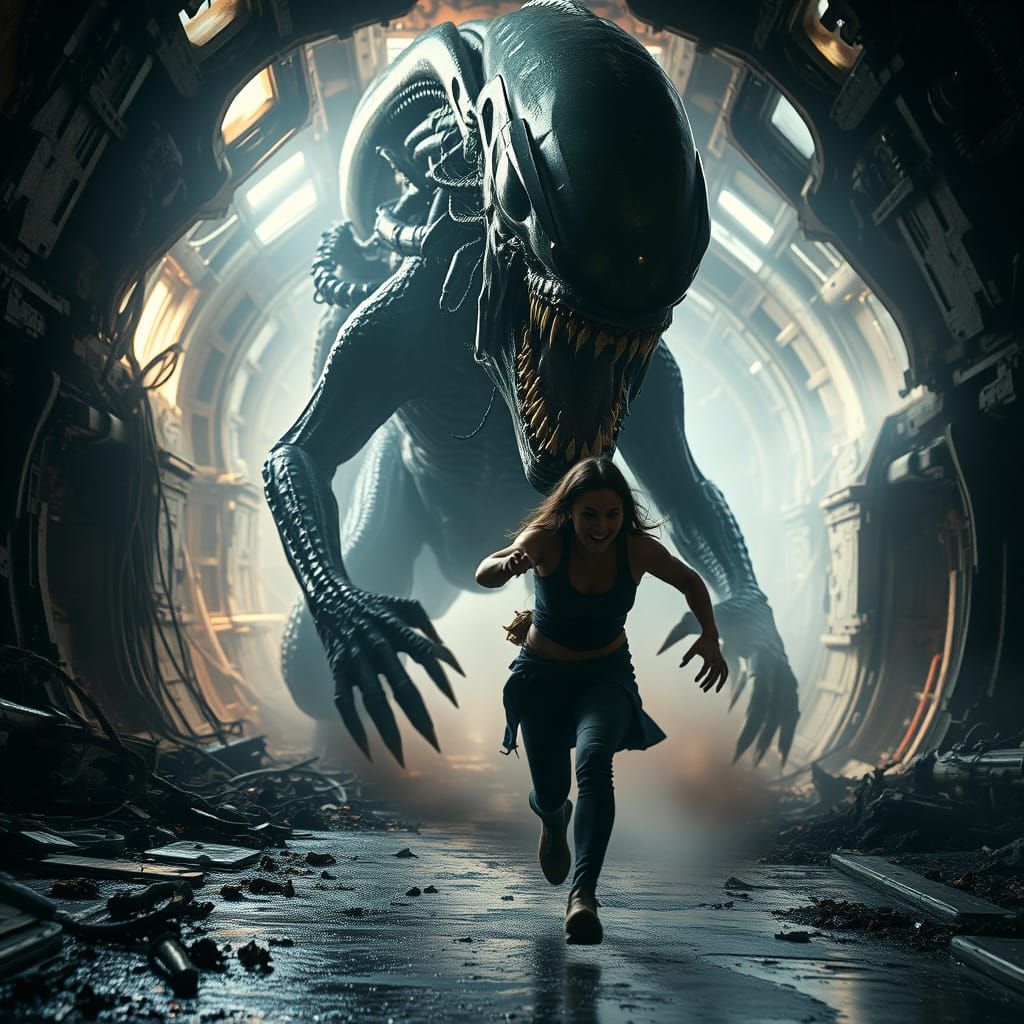 Run - Alien Xenomorph Emerges from Ravaged Spaceship in Grit...