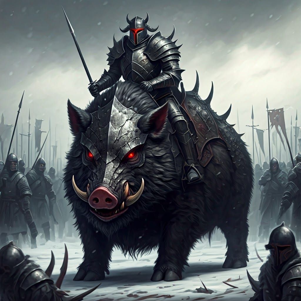 An evil knight wearing black armor and horned helmet, riding in an ...