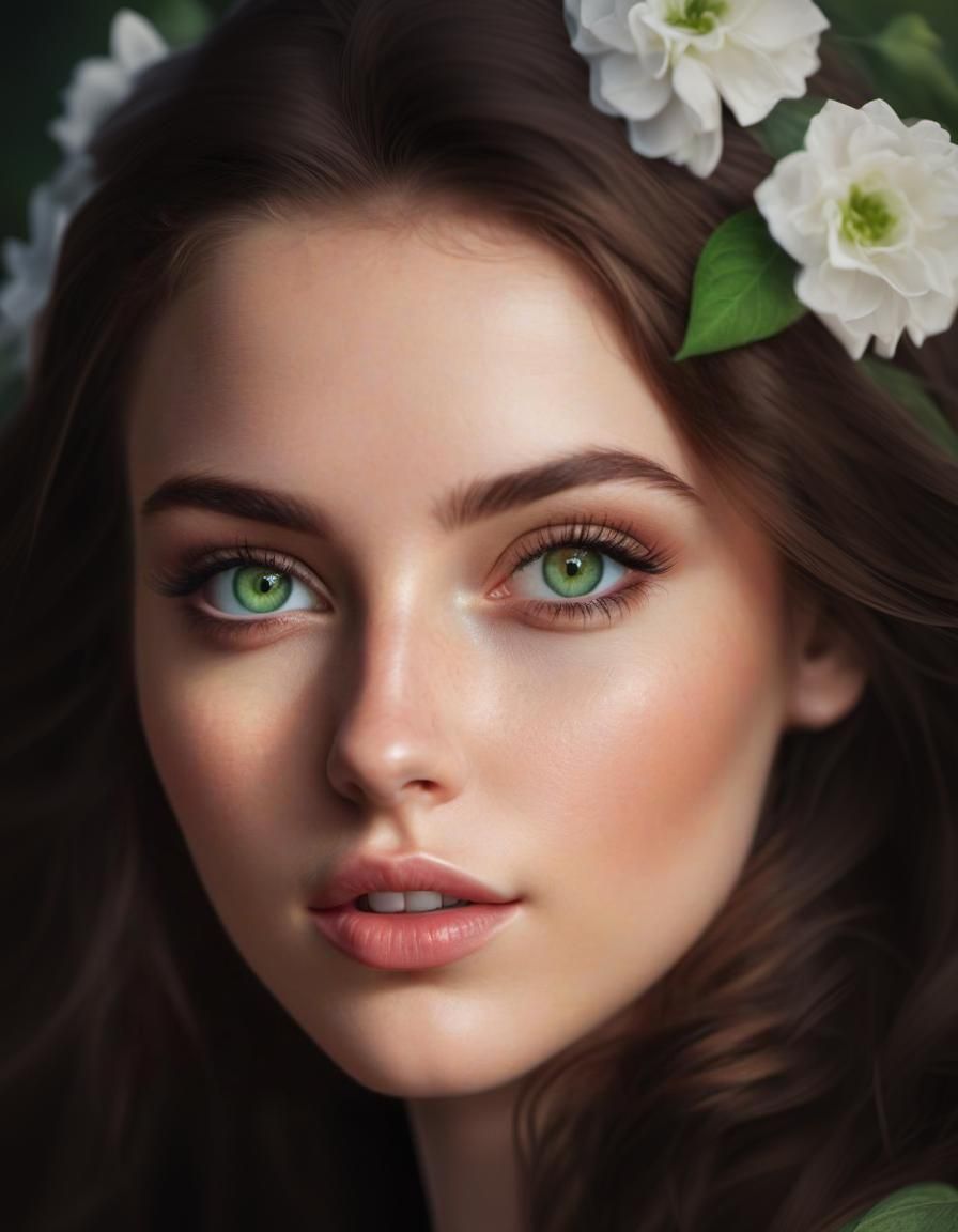 Realistic self portrait with beautiful young lady with long brown hair ...
