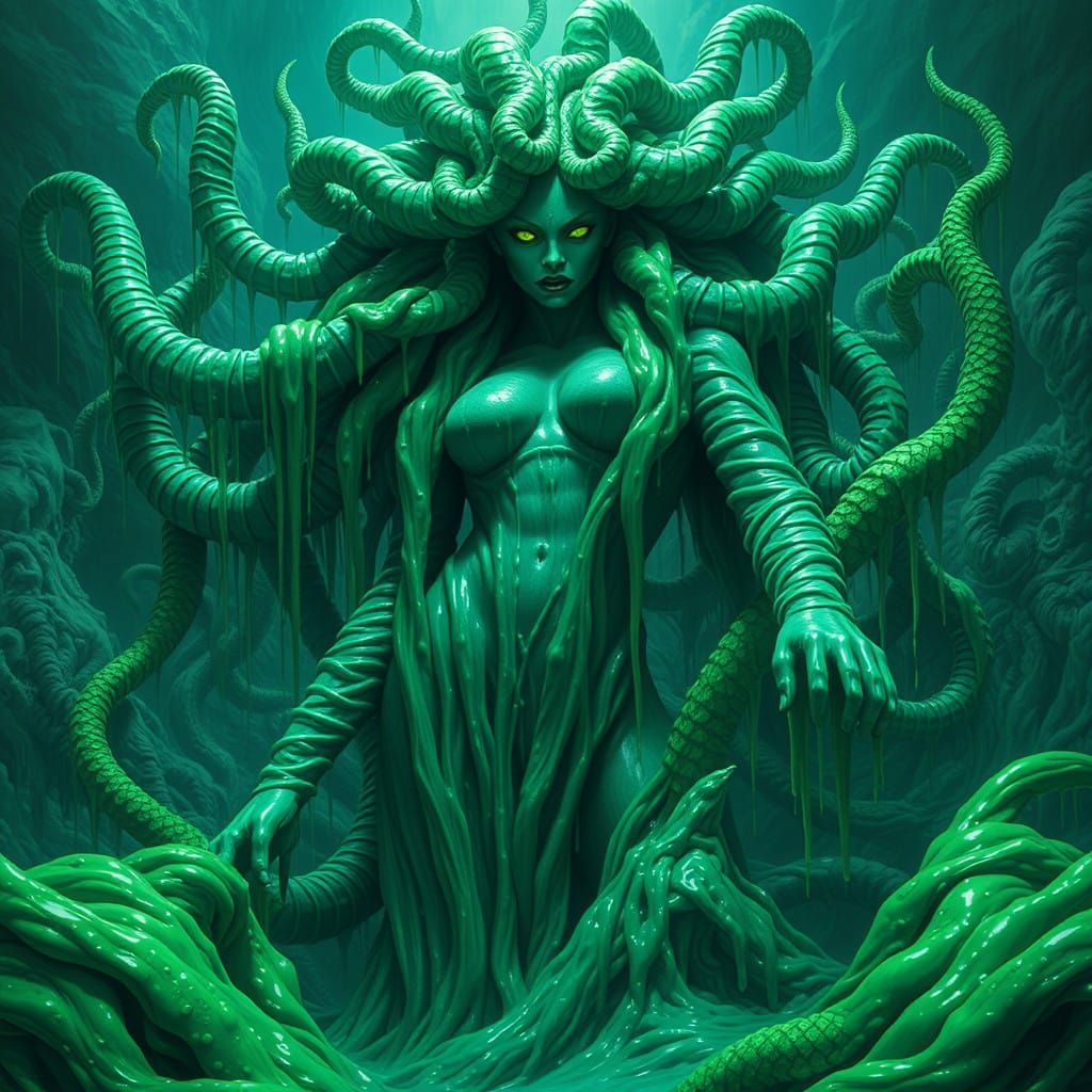 a huge colossal, massive medusa woman covered in millions of gallons of ...