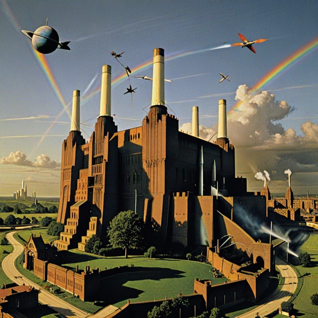 Simular to art displayed on the rock band Pink Floyd albums. Animals,