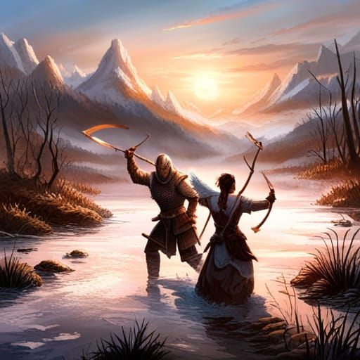 A bronze age swordsman fighting a woman wielding a bronze halberd on ...