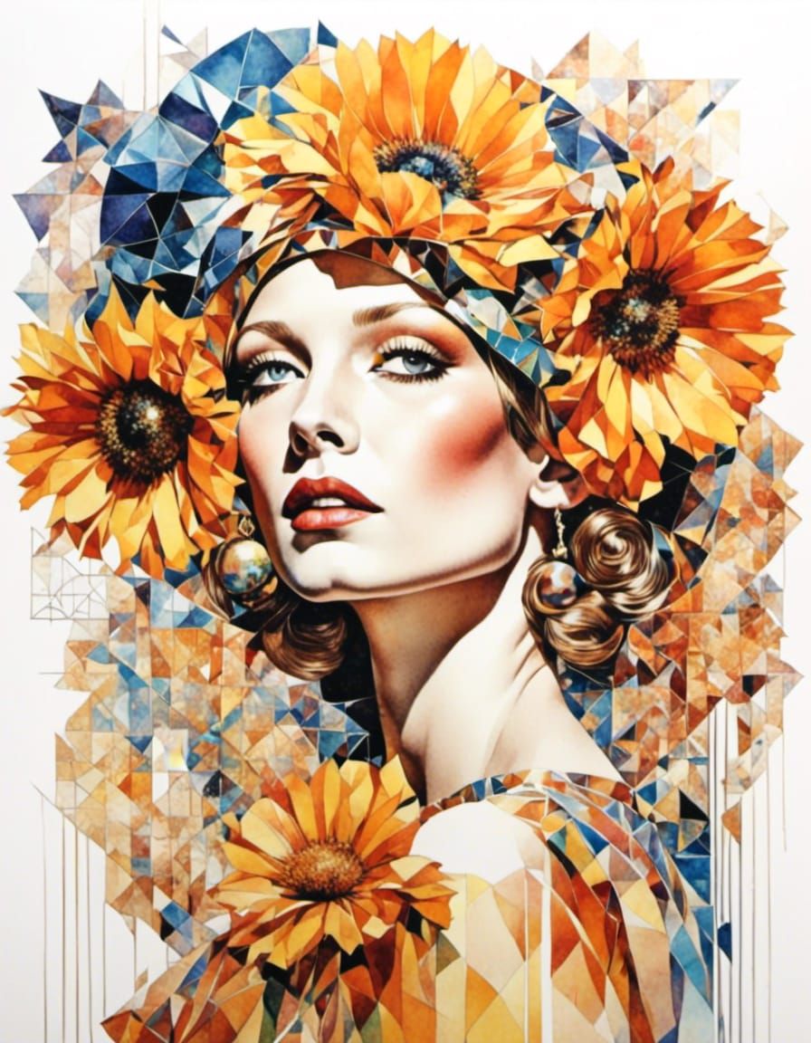 Magical realism, colorful fashion model sketch in the geometric style ...