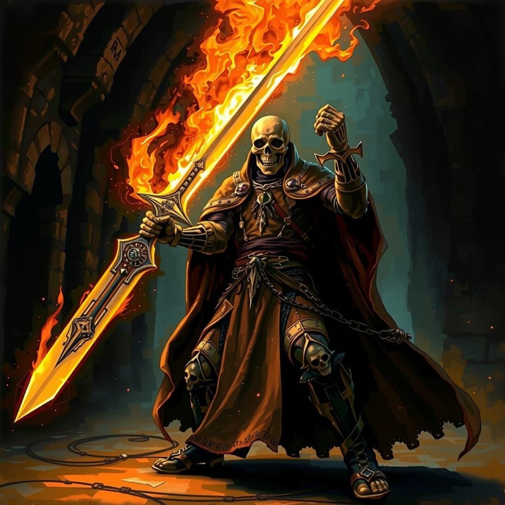 Lich-King wielding double-bladed fire-sword (Dnd character)