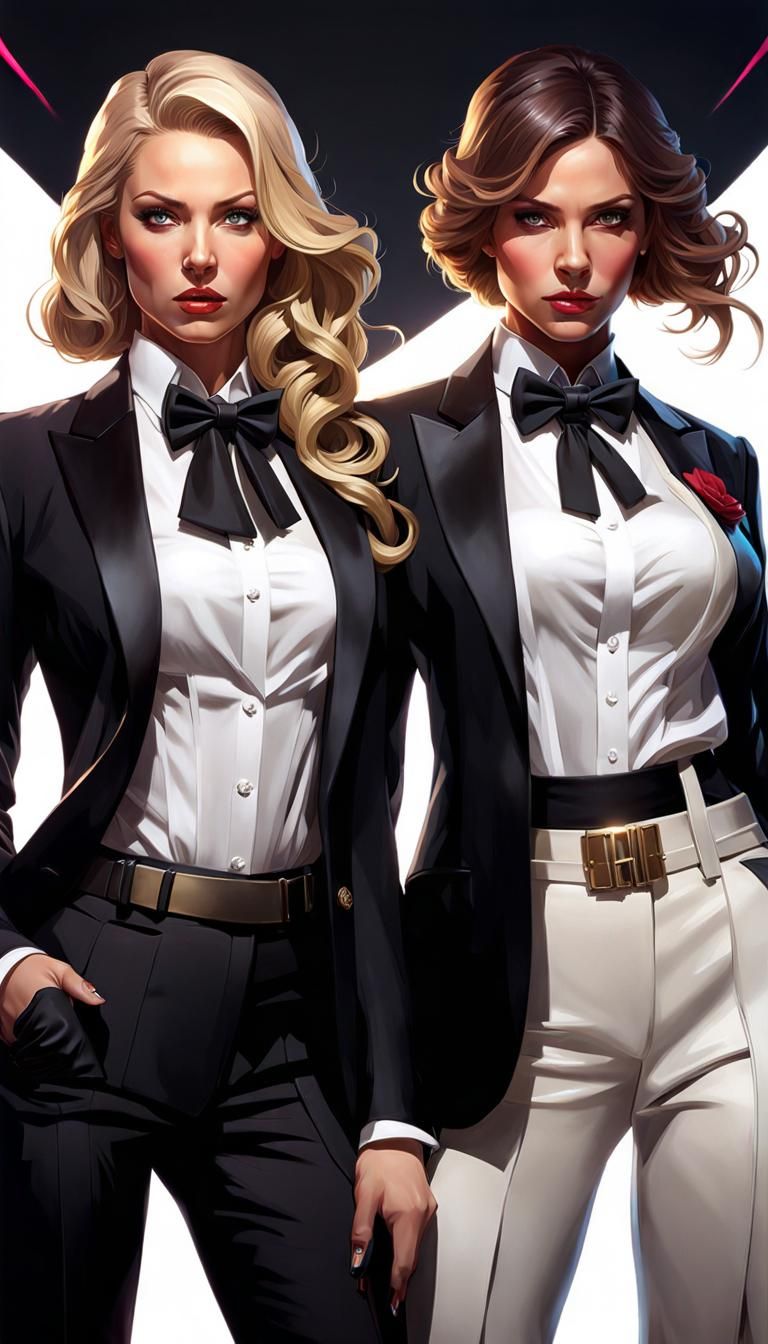 Blonde and brunette female secret agents holding silenced pistols ...