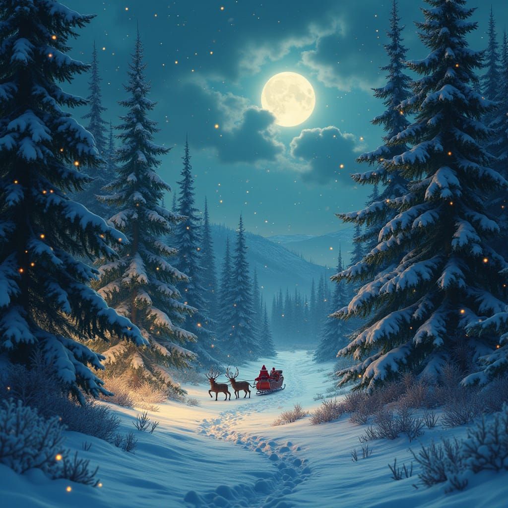 Stvori čestitku za Božić u kojoj su okićeni borovi koji svijetle noću ...