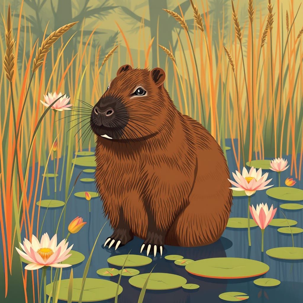 Capibara - Capybara in Wetland Habitat: Geometric, Earthy A...