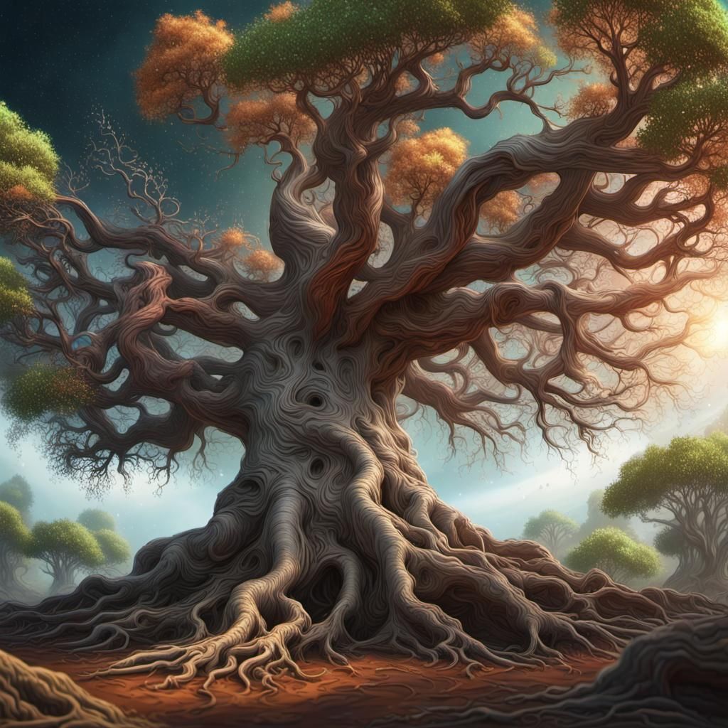 An ancient, sentient tree with branches that reach into the heavens and ...